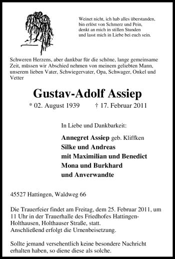 Traueranzeigen Von Gustav Adolf Assiep Trauer In NRW De