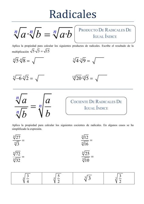 Producto y División de Radicales de igual índice worksheet