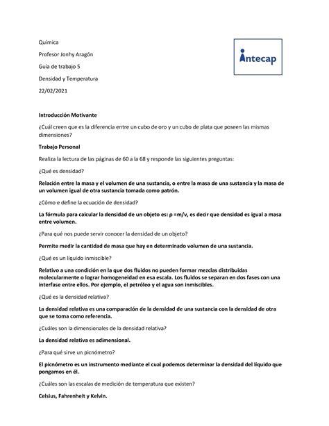 SOLUTION Guía Densidad y temperatura Studypool