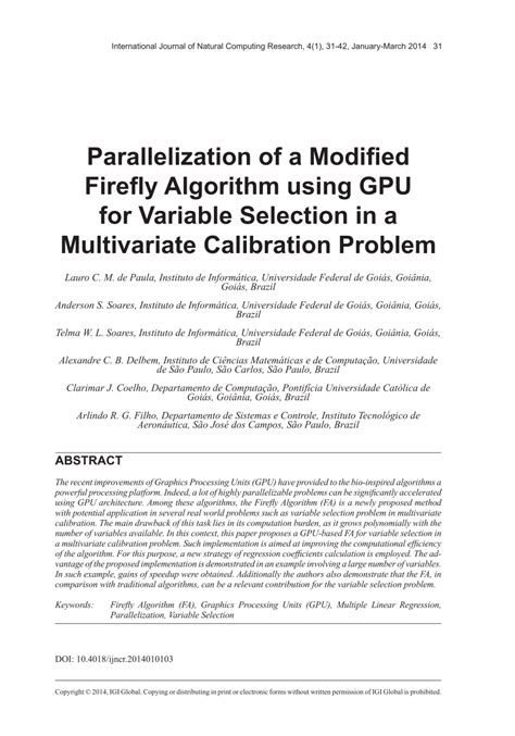 pdf parallelization of a modified firefly algorithm using gpu for variable selection in a