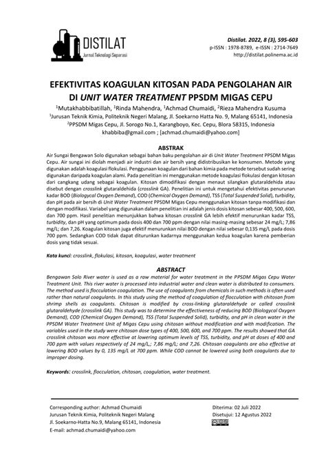 PDF EFEKTIVITAS KOAGULAN KITOSAN PADA PENGOLAHAN AIR DI UNIT WATER