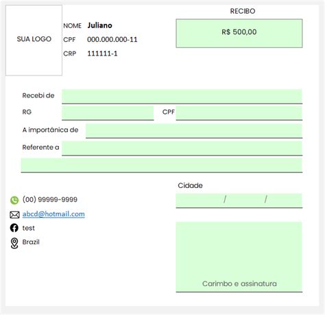 Modelo de Recibo Psicologia em Excel Grátis Smart Planilhas