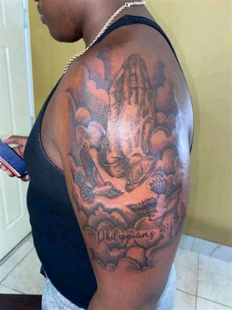 Praying Hands Tattoo With Clouds And Doves