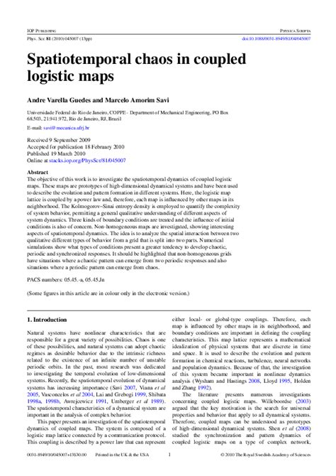 pdf spatiotemporal chaos in coupled logistic maps marcelo savi