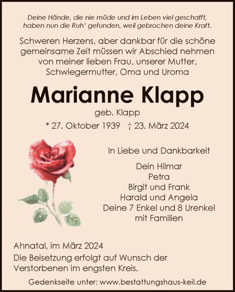 Traueranzeigen Von Marianne Klapp Trauer HNA De