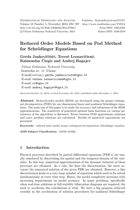 pdf reduced order models based on pod method for schrödinger equations