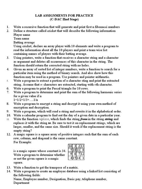 lab assignments for practice a collection of programming exercises covering arrays strings