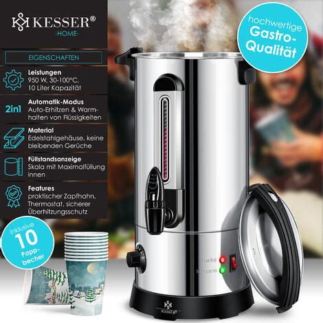 KESSER Chaudière à vin chaud 10L inox Avec 10 gobelets Chauffe eau à