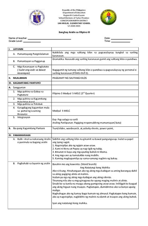 Detailed Lesson Plan In Filipino Grade Pandiwa Banghay Aralin Sa