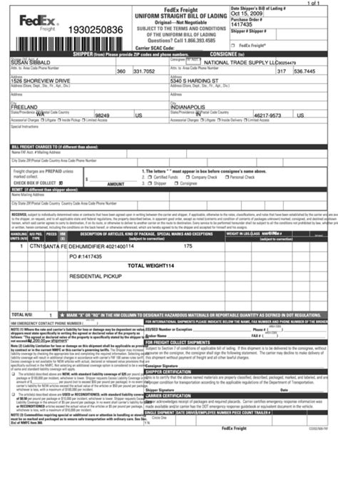 Uniform Straight Bill Of Lading Original Printable Fedex Ground Form