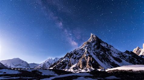 Summit Mountain Range Karakoram Night Sky Snow Winter Stars