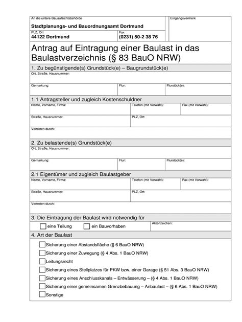 Ausfüllbar Online dortmund Antrag auf Eintragung einer Baulast in das