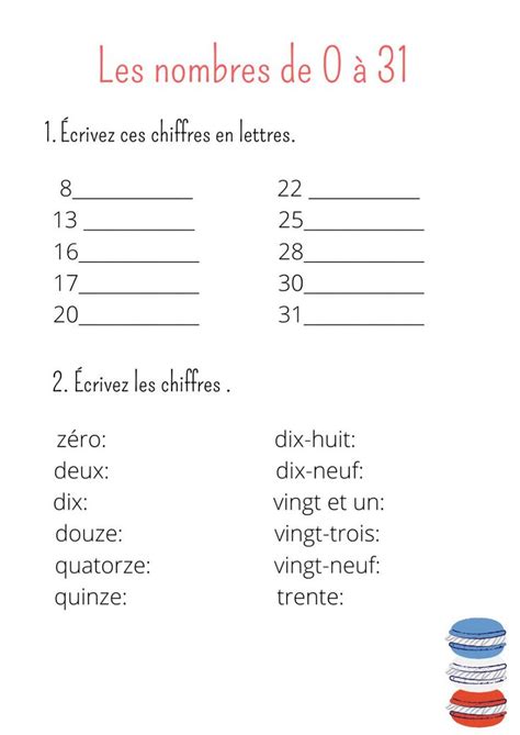 Les nombres en français de 0 à 31 worksheet Teaching french Learning