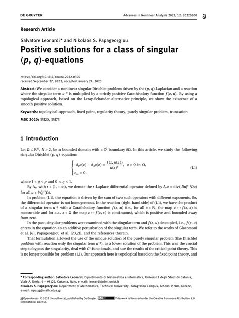 pdf positive solutions for a class of singular p q equations