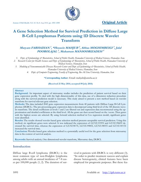 pdf wavelet based gene selection method for survival prediction in diffuse large b cell