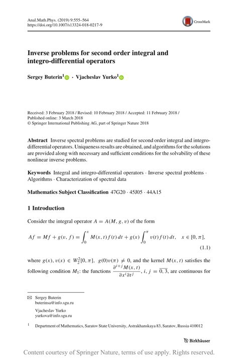 inverse problems for second order integral and integro differential operators request pdf