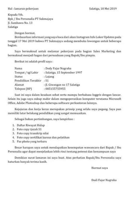 Contoh Surat Lamaran Kerja Fresh Graduate Yang Baik
