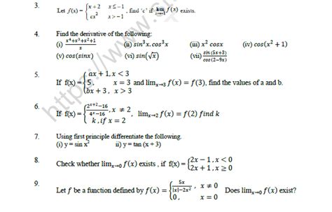 cbse class 11 mathematics limits and derivatives worksheet set a