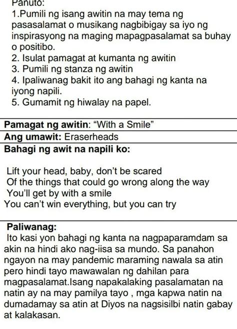 Panuto 1 Pumili Ng Isang Awitin Na May Tema Ng Pasasalamat O Musikang