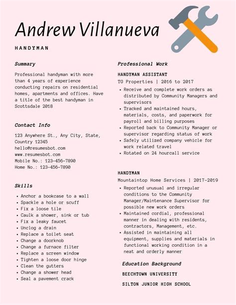 Handyman Resume Example With Free Templates