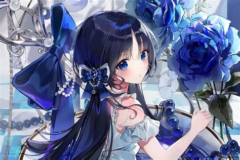 Beautiful Anime Girl With Blue Long Hair And Blue Eyes Posing Among Blue Flowers 2k Wallpaper
