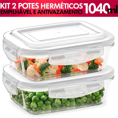 Conjunto 2 Potes De Vidro Hermetico 1040ml Marmita Porta Mantimentos