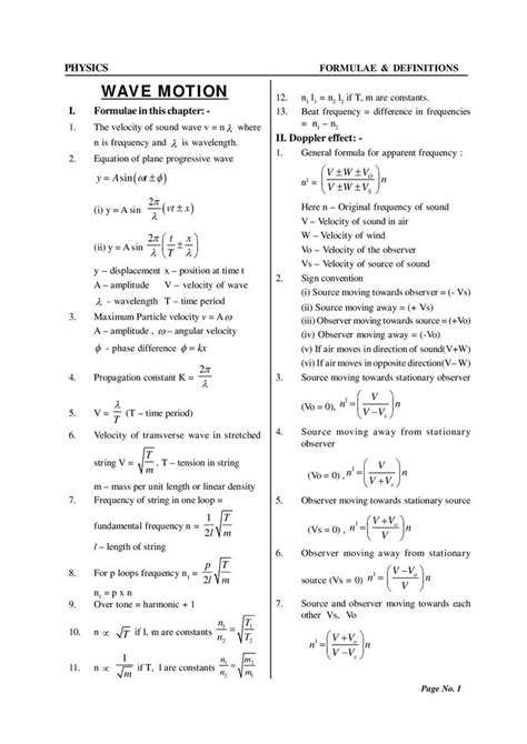 Formula Booklet Physics Class Chapter Wave Motion Pw Physics