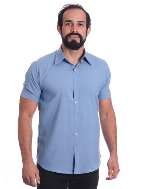 Camisa Social Azul Claro Masculina De Tricoline Manga Curta