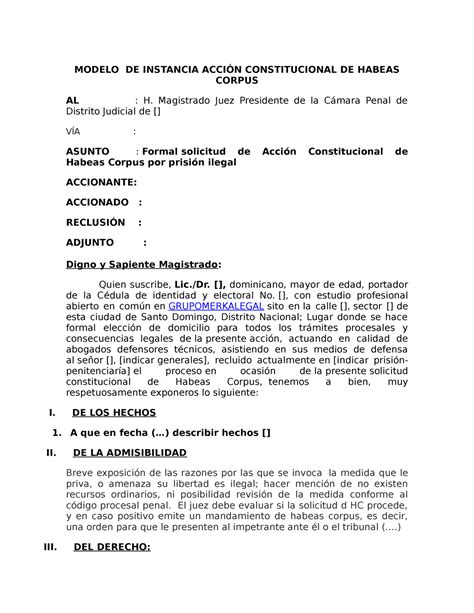 Modelo DE Habeas Corpus MODELO DE INSTANCIA ACCIÓN CONSTITUCIONAL DE