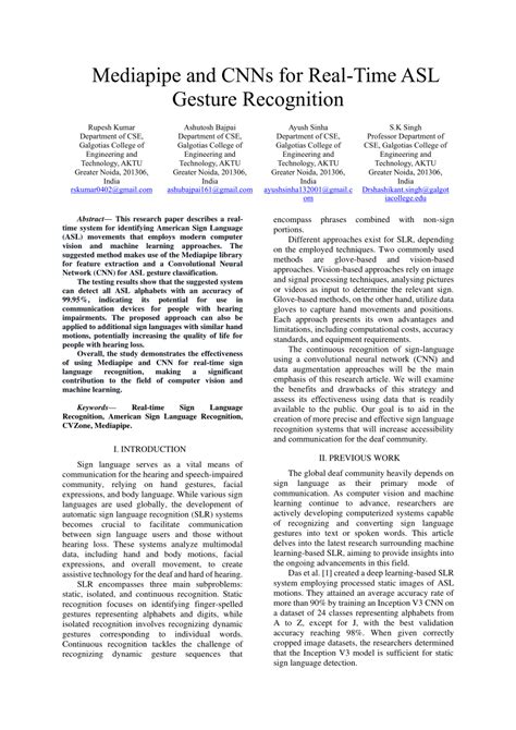 Pdf Mediapipe And Cnns For Real Time Asl Gesture Recognition