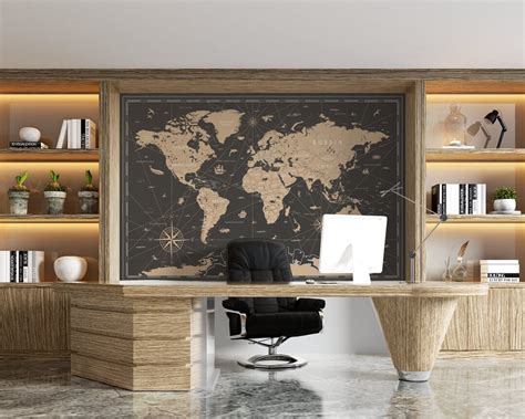 Black World Map Wallpaper D Map Mural Living Room Wallpaper Office