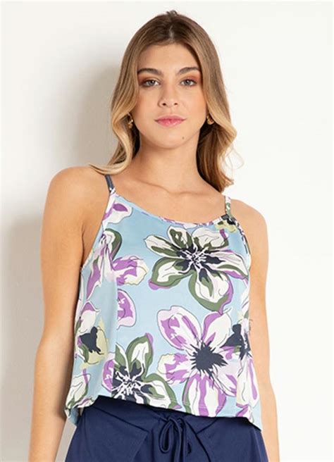 Blusa de Alças Floral Azul Queima de Estoque