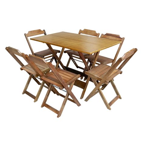 Kit 7 Jogos De Mesa Dobravel 6 Cadeiras De Madeira 120x70 Para