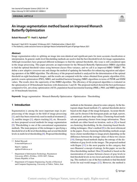 an image segmentation method based on improved monarch butterfly optimization request pdf
