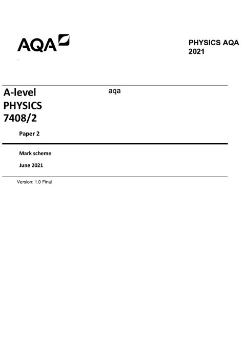aqa a level physics 7408 2 paper 2 mark scheme june 2021 browsegrades