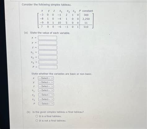 solved consider the following simplex tableau