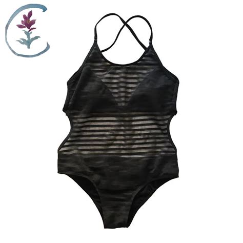 CATTLEYA Striped Mesh Sheer One Piece Swimsuit Cut Out Monokini High