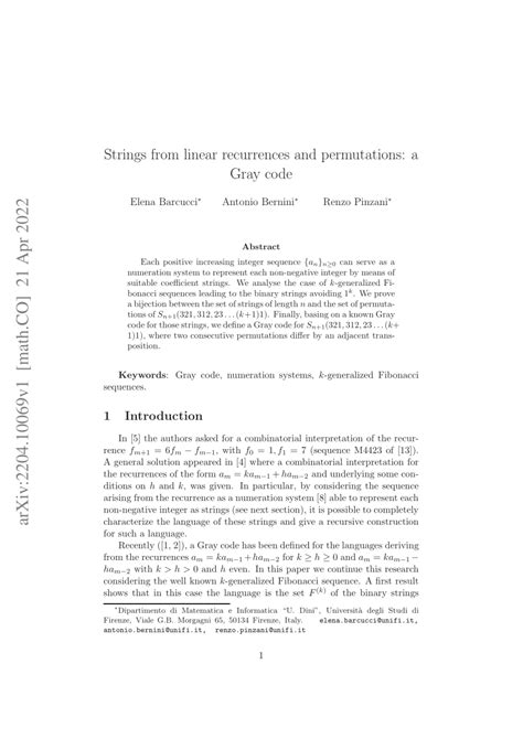 pdf strings from linear recurrences and permutations a gray code
