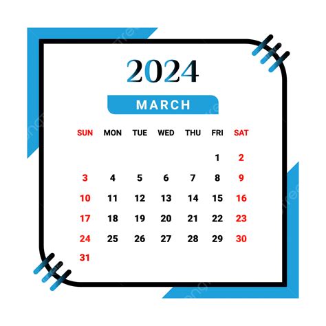 Calendario Del Mes De Marzo De 2024 Con Negro Y Azul Cielo Vector PNG