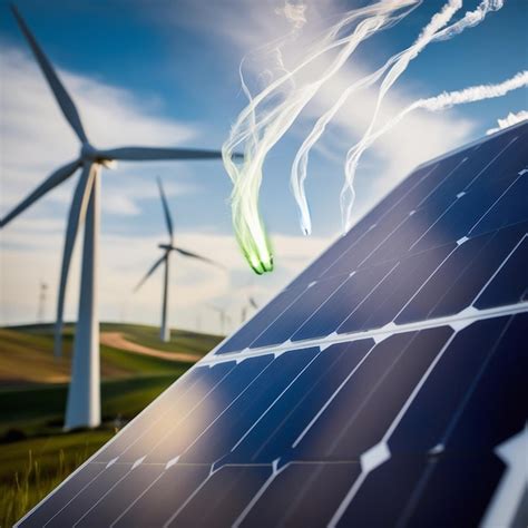 Painéis solares de energia renovável e turbinas eólicas sob um céu