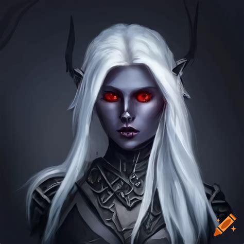 Portrait Of A Drow Elf Druid With Long White Hair And Red Eyes In Black