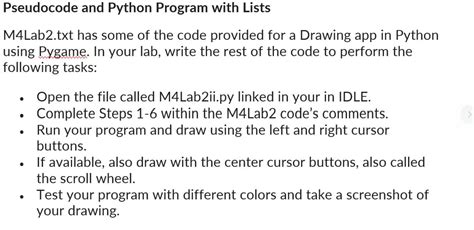 pseudocode and python program with lists m4lab2 txt has some of course hero