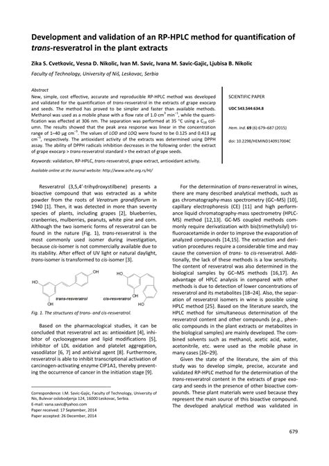 pdf development and validation of an rp hplc method for quantification of trans resveratrol in