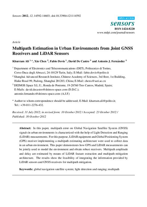 pdf multipath estimation in urban environments from joint gnss receivers and lidar sensors