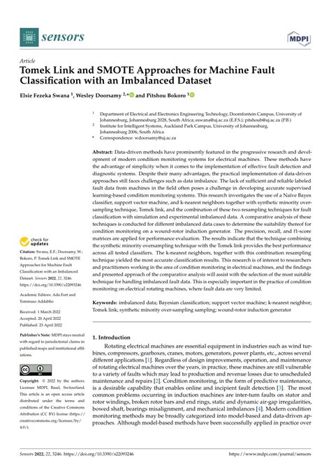 pdf tomek link and smote approaches for machine fault classification with an imbalanced dataset