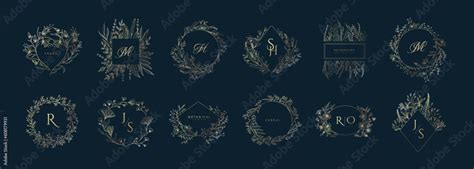Set Of Wedding Monogramm Botanical Floral Branch And Frames Botanical