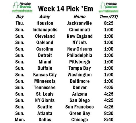 Week Nfl Pick Em Sheet Printable