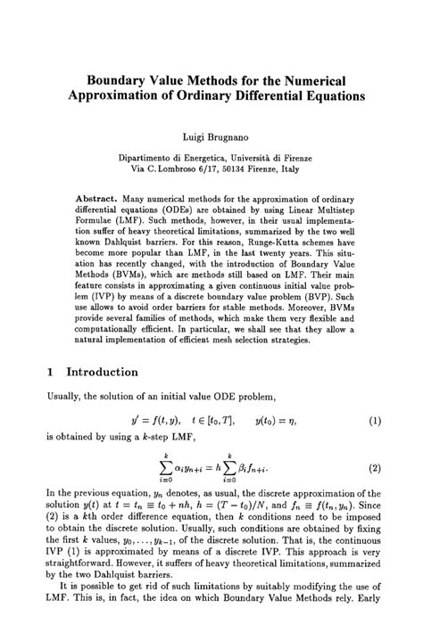 pdf boundary value methods for the numerical approximation of ordinary differential equations