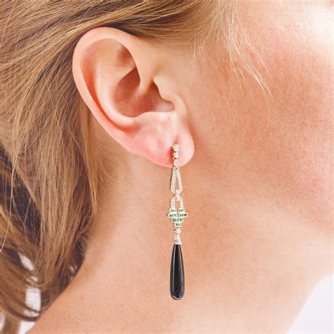 Boucles D Oreilles Pendantes Or Jaune 18K Diamants Onyx Ocarat