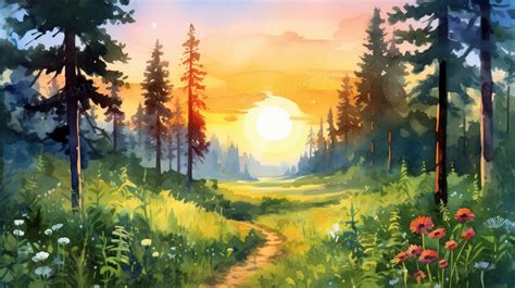 水彩手绘风阳光下的绿森林风景插画图片素材下载 jpg格式 熊猫办公